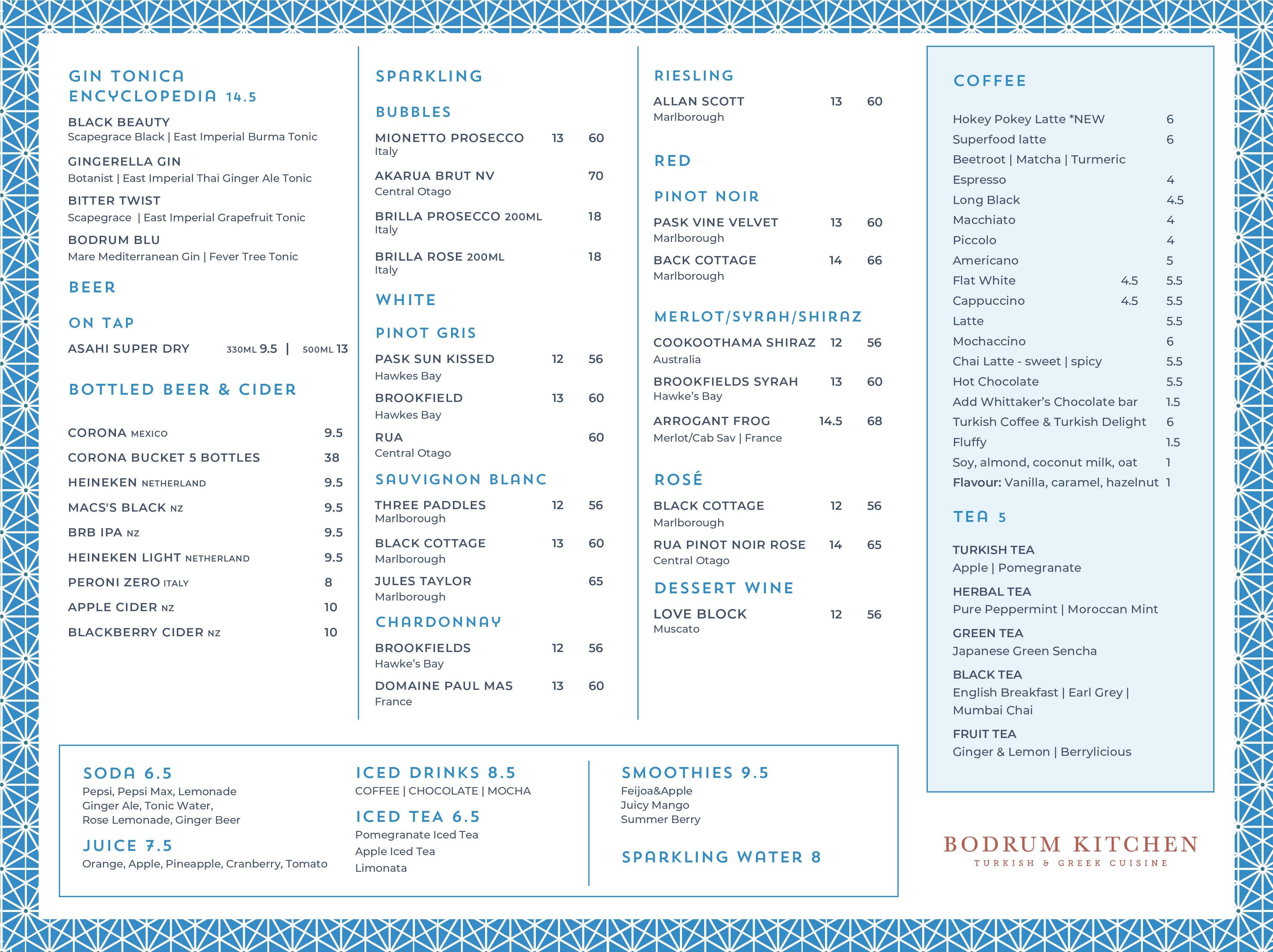 Menu at Bodrum Kitchen restaurant, Auckland, 81 Tamaki Dr