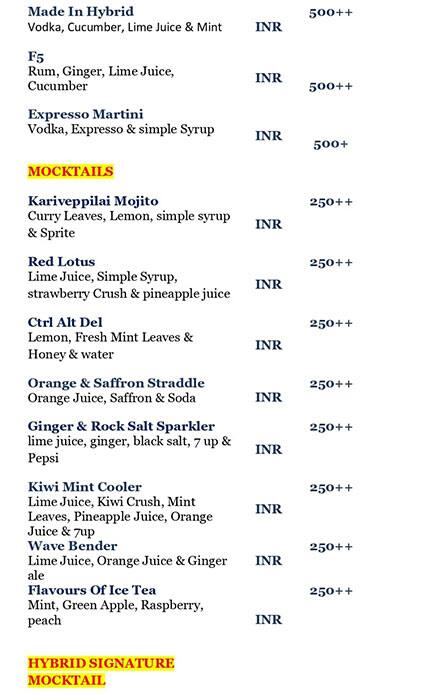 Menu at Hybrid, Valathancheri