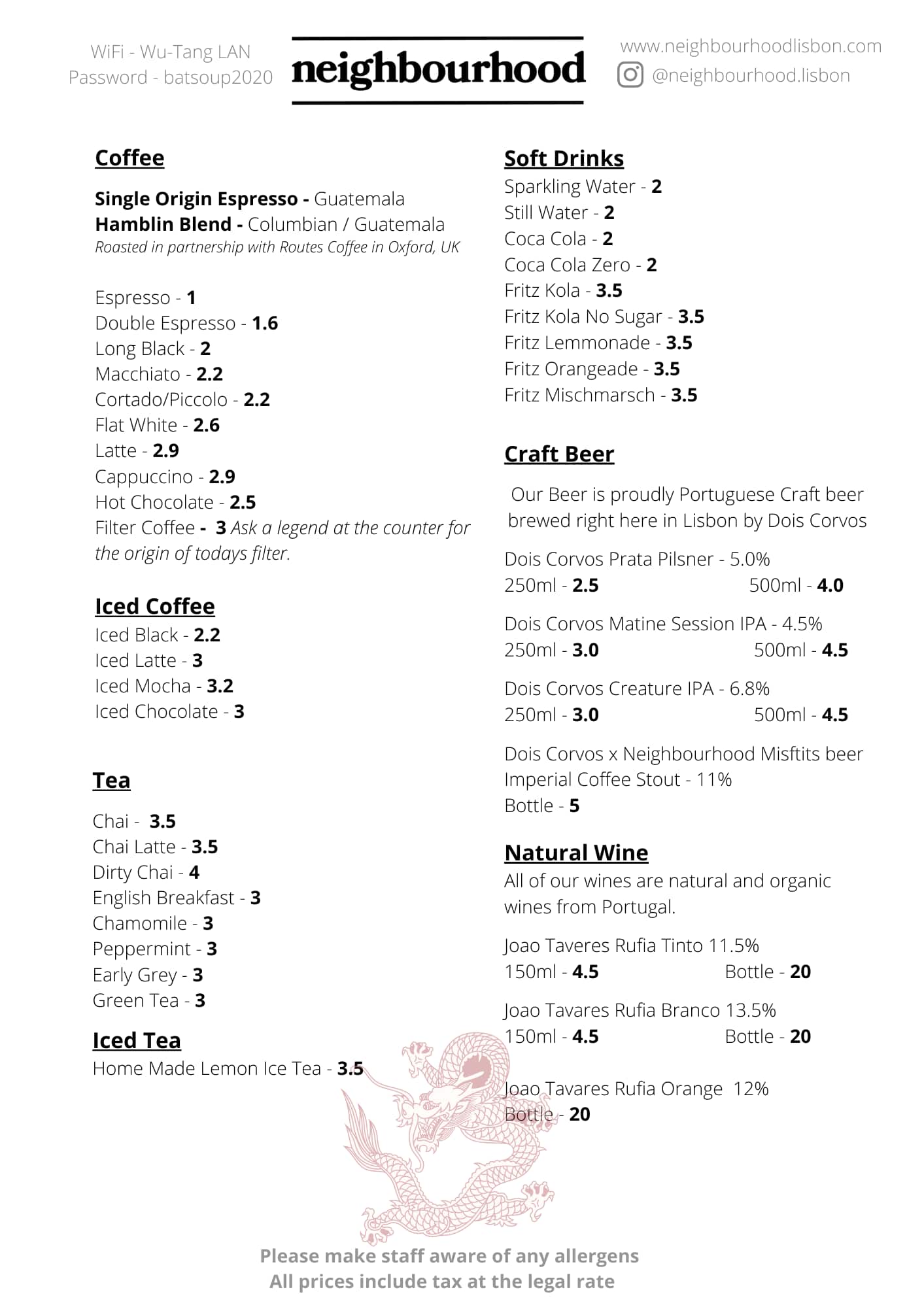 Menu at Neighbourhood - Cafe & Coffee Shop Lisboa, Lisbon