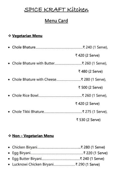 Menu of Spice Kraft Kitchen, Borivali East, Mumbai