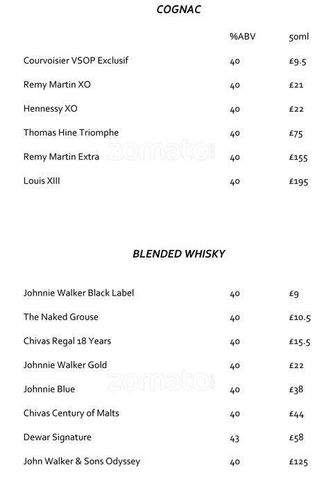 Menu at The Bourbon Bar, London