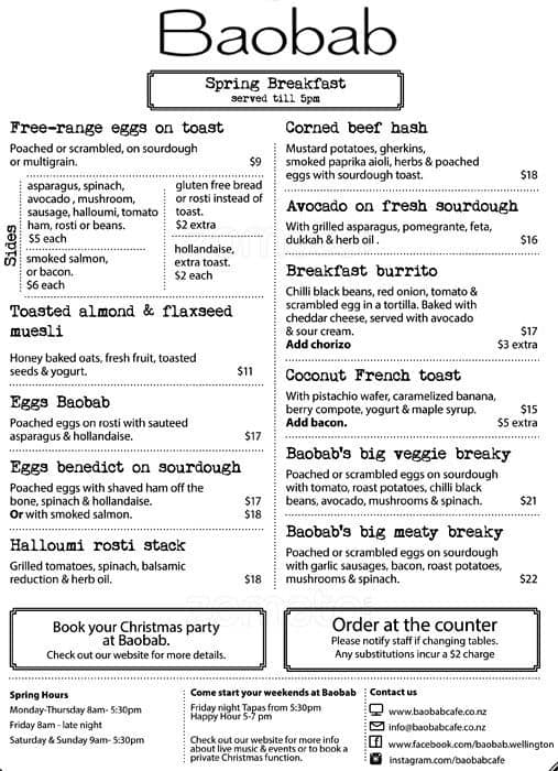 Menu at Baobab Cafe, Wellington