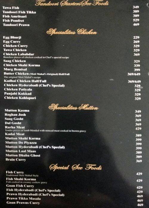 Menu at Moti Mahal Delux Tandoori Trail, Hyderabad, Flat 102