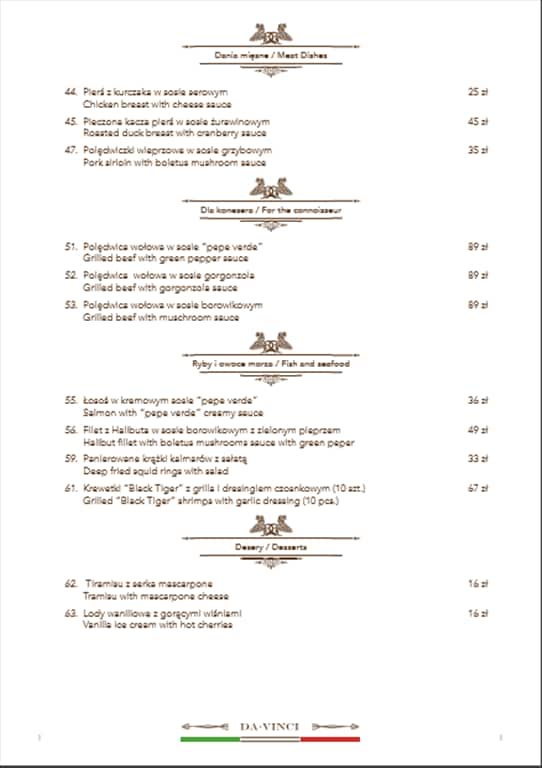 Menu at Da Vinci. Restauracja restaurant, Gdynia, Świętojańska 15