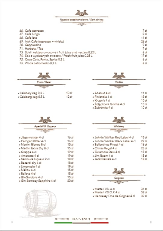 Menu at Da Vinci. Restauracja restaurant, Gdynia, Świętojańska 15