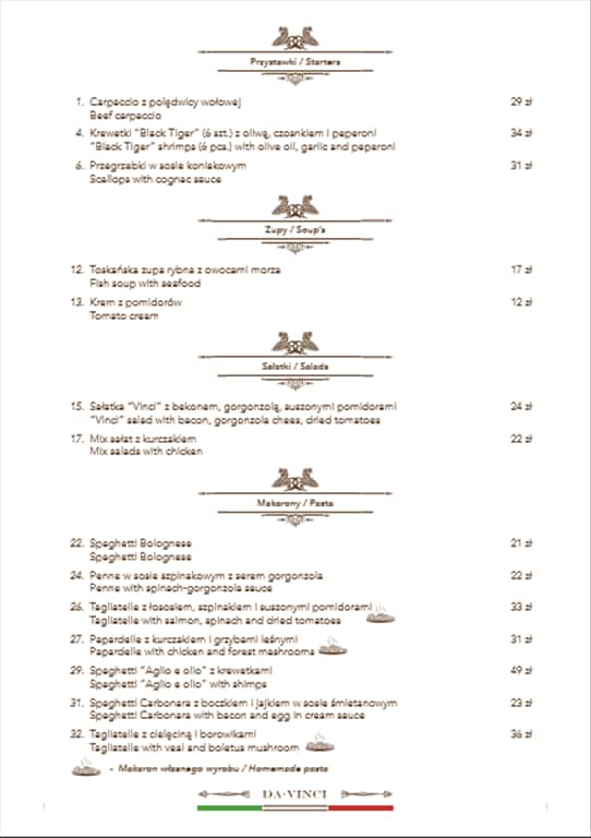 Menu at Da Vinci. Restauracja restaurant, Gdynia, Świętojańska 15