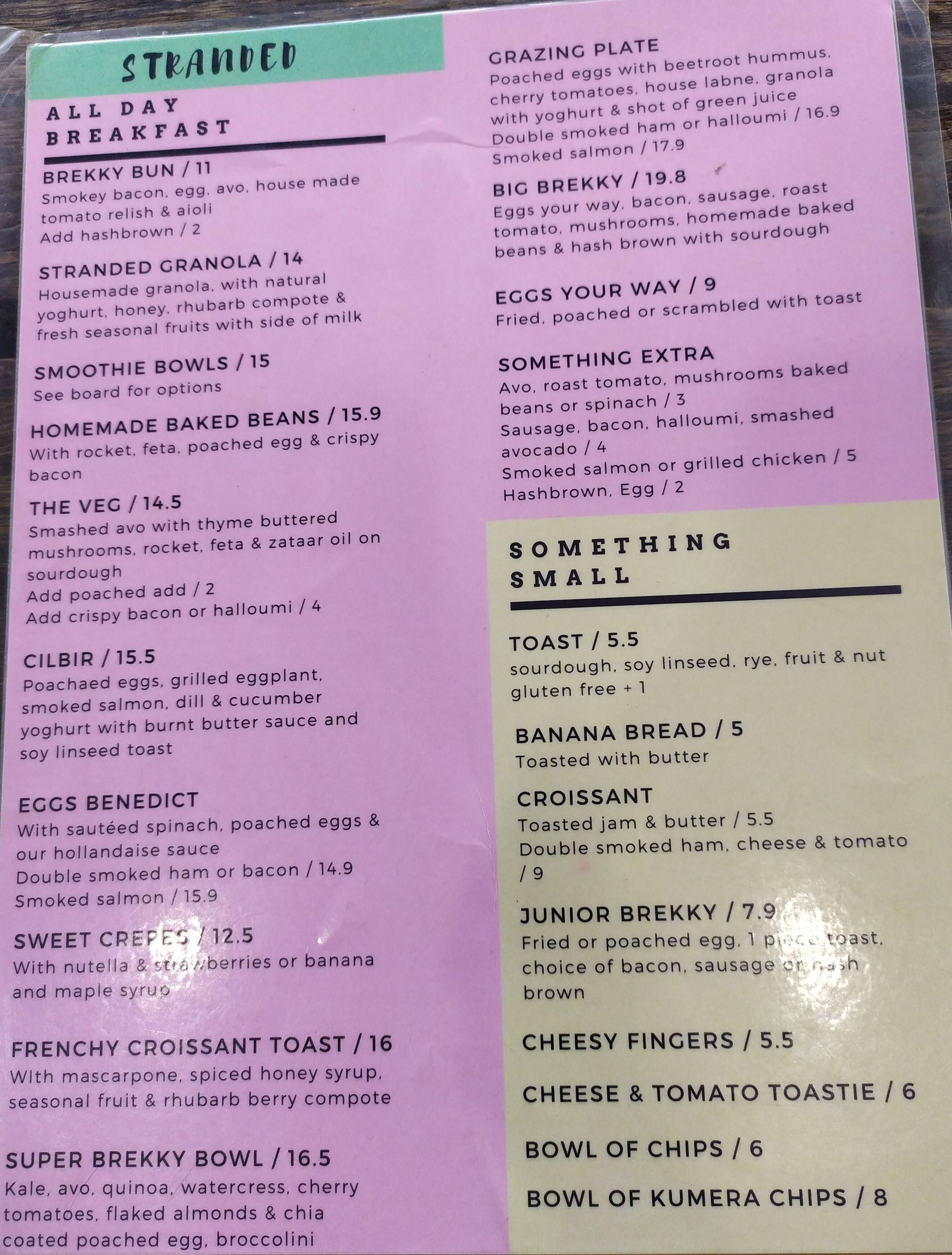 Menu at Stranded Deli Cafe, Croydon