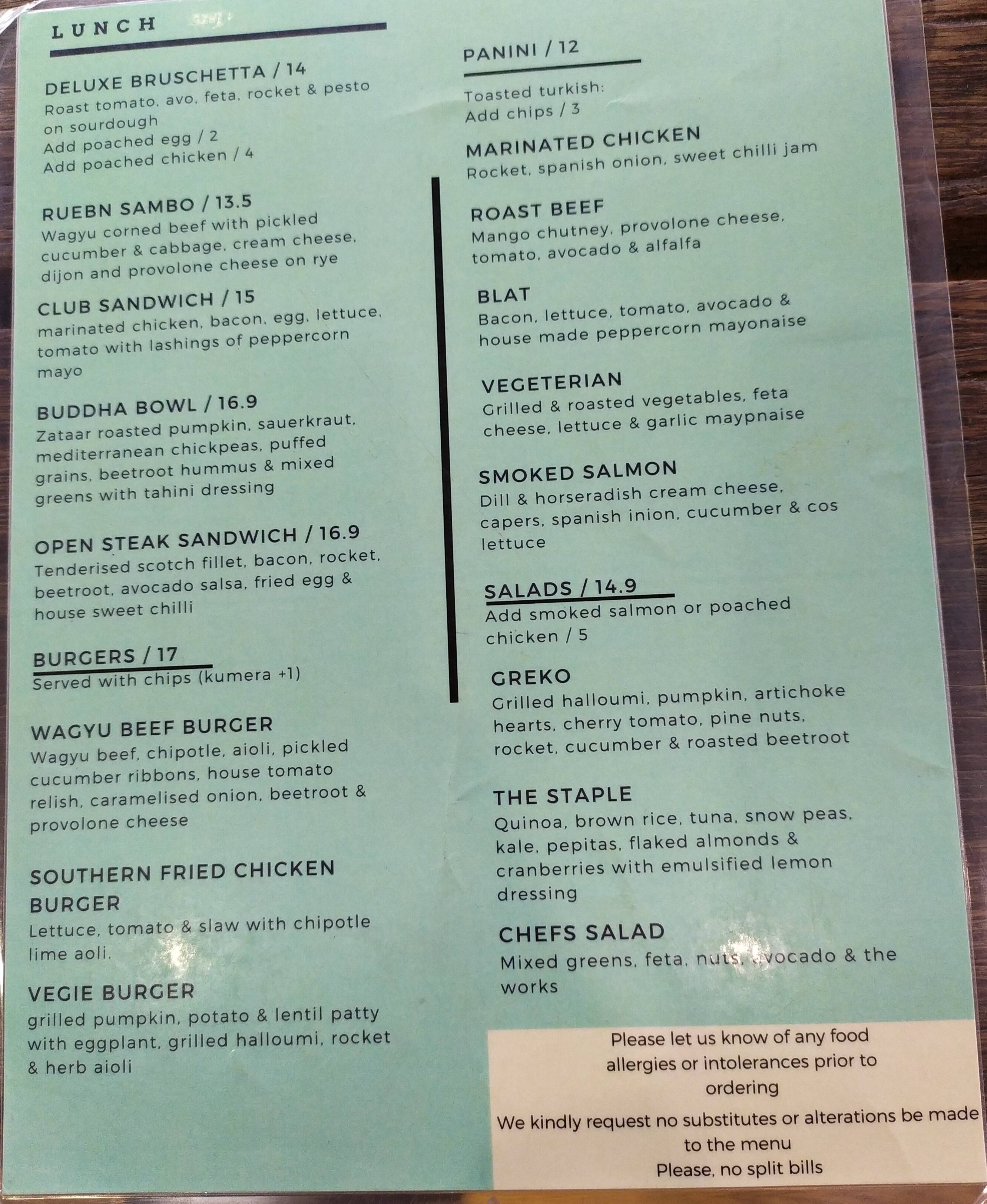 Menu at Stranded Deli Cafe, Croydon