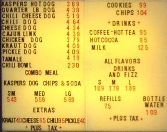 Menu at Kasper's Hot Dogs fast food, Concord