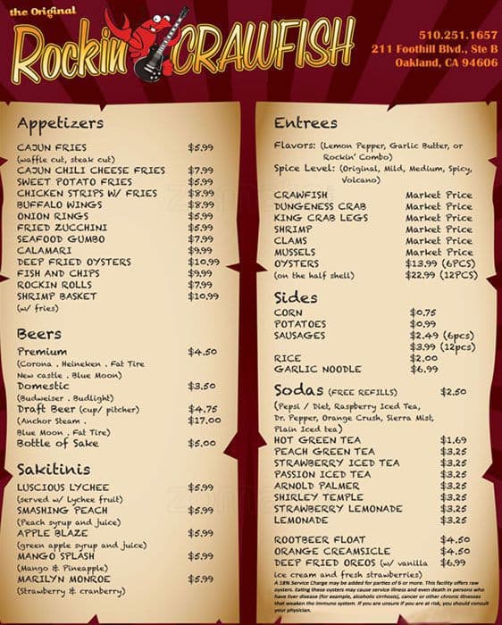 Menu at Rockin Crawfish restaurant Oakland