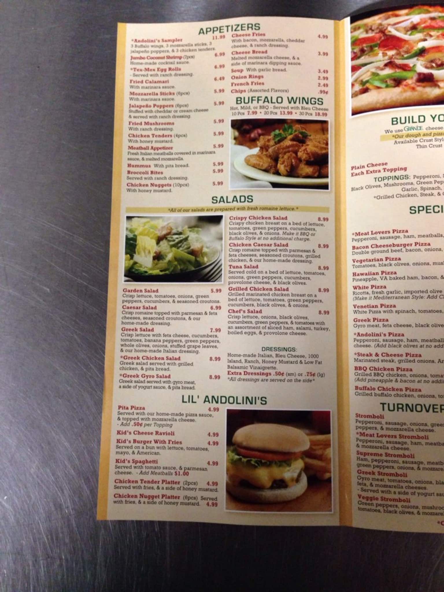 Menu at Andolini's Pizza pizzeria, Ashburn