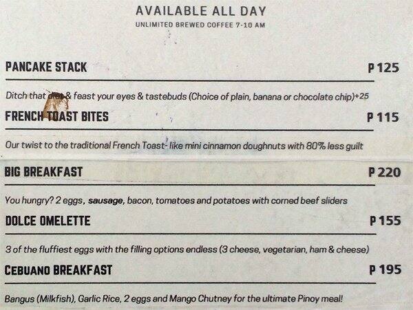 Menu at Dolce cafe, Cebu City