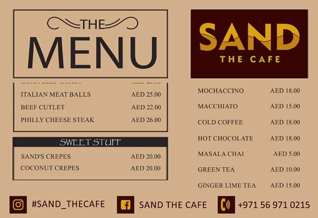 Menu at Sand-The Cafe, Fujairah