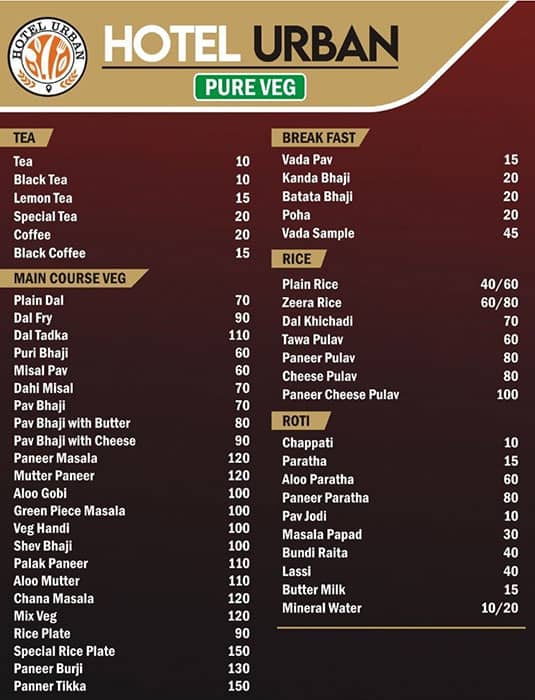 Menu of Hotel Urban, NIBM Road, Pune