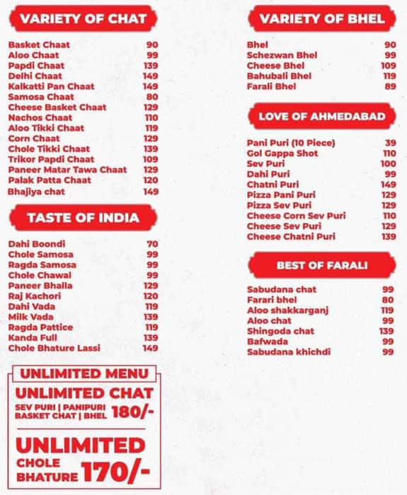 Menu of The Chat Cafe, Bodakdev, Ahmedabad