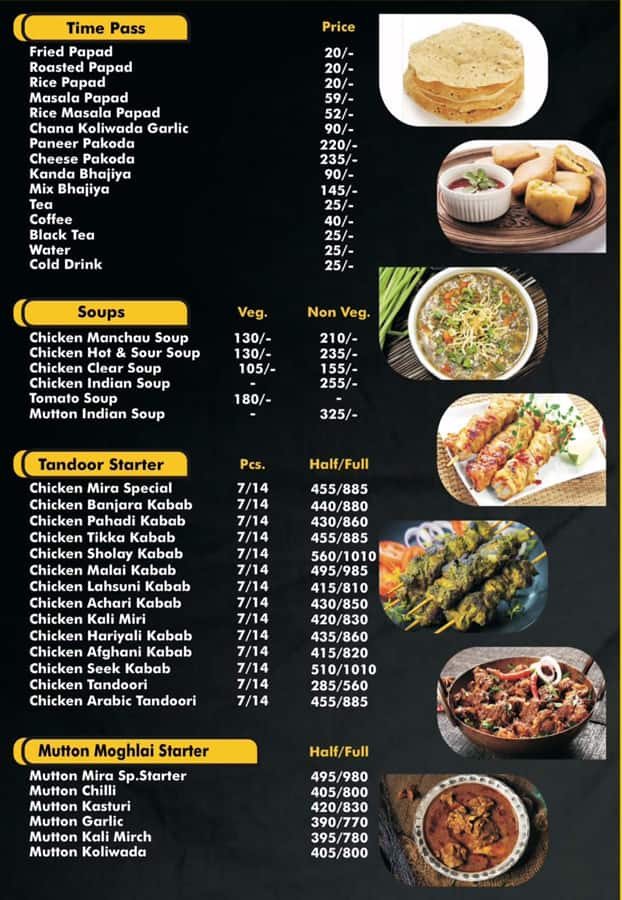 Menu of Mira Restaurant, Vasna, Ahmedabad