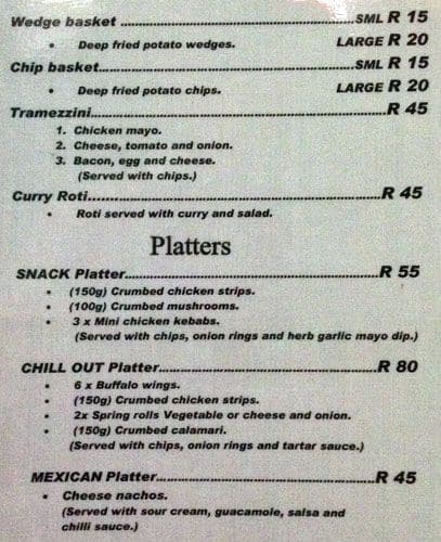 Menu at Chill Out pub & bar, Cape Town, Parklands Main Rd