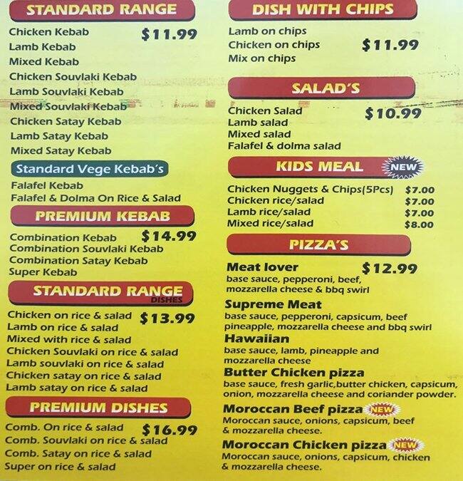 Menu at Sultan Kebab restaurant, Auckland