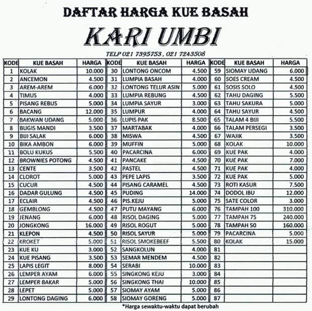 Carta del restaurante Kari Umbi, Yakarta, Melawai Plaza