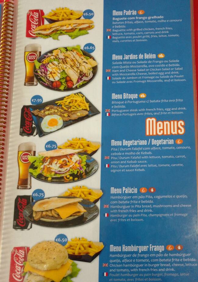 Menu at Sabores de Belém restaurant, Lisbon, Rua Vieira Portuense N0 18