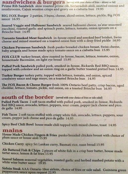 Carta del pub y bar The Fox, Toronto, 35 Bay St.