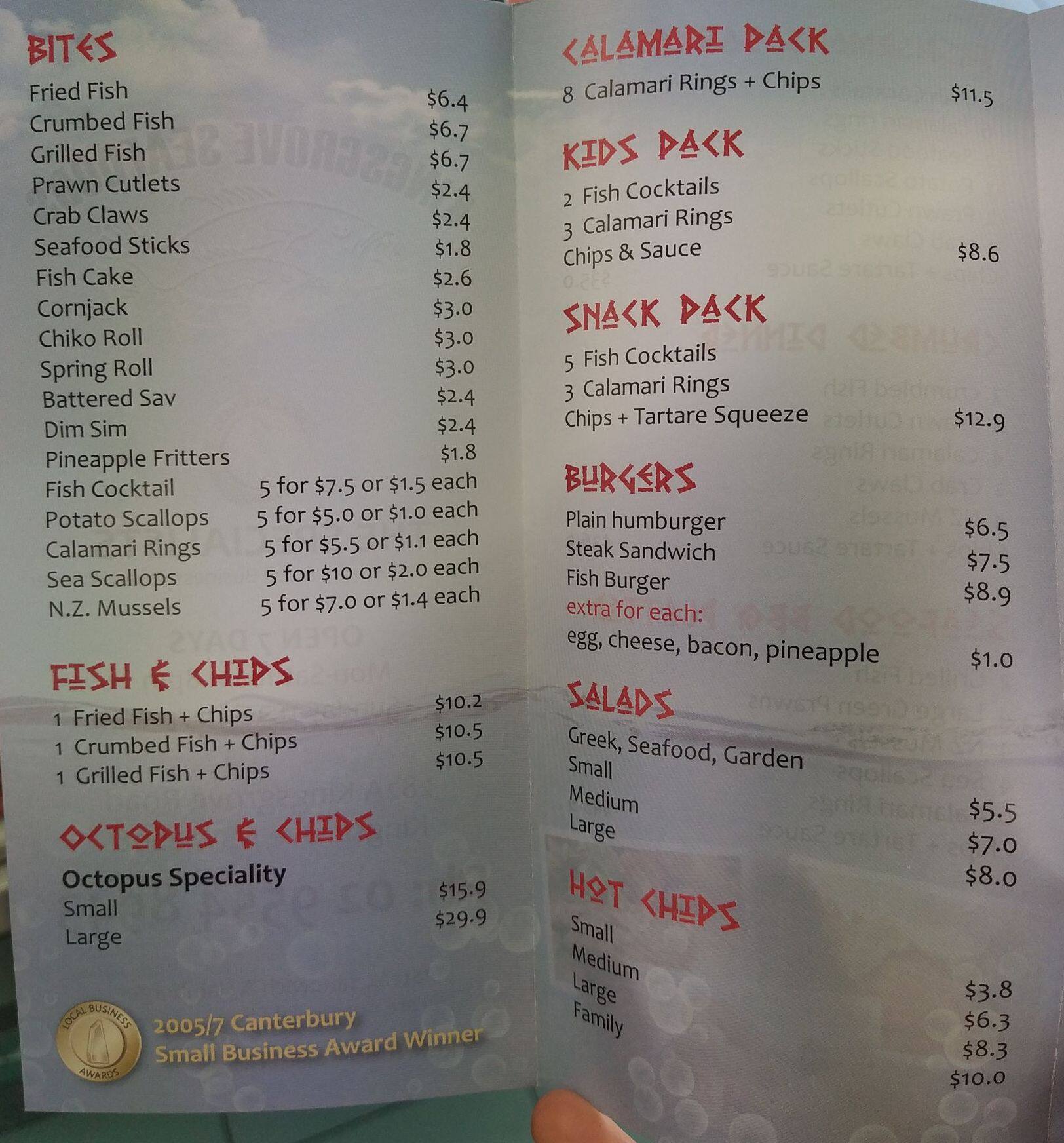 Menu at Kingsgrove Seafood restaurant, Kingsgrove