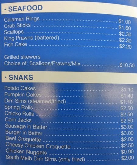 Menu at Seaview Fish & Chips Beaumaris restaurant, Beaumaris
