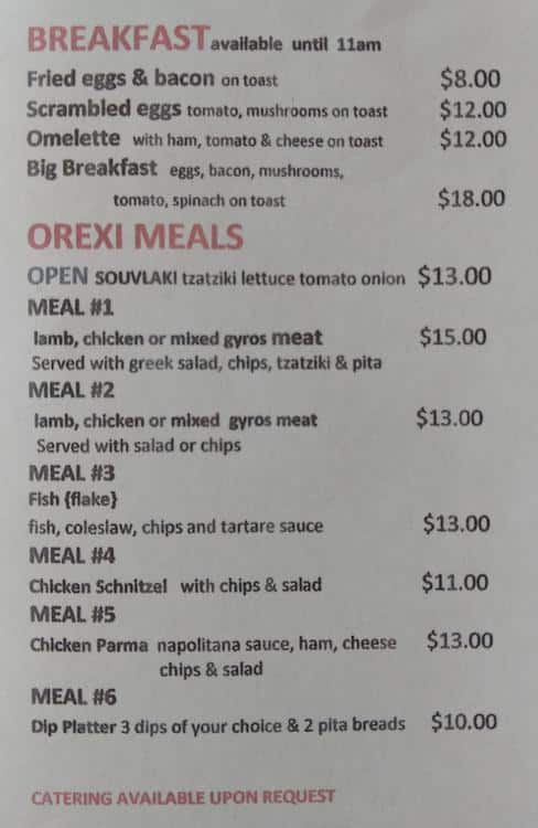 Menu at Cafe Orexi, Bayswater