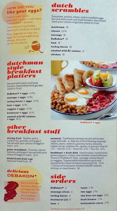 Menu at De Dutch restaurant, Vancouver, 410 W 2nd Ave