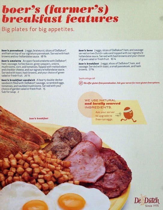 Menu at De Dutch restaurant, Vancouver, 410 W 2nd Ave