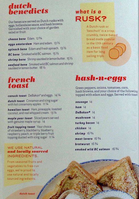 Menu at De Dutch restaurant, Vancouver, 410 W 2nd Ave
