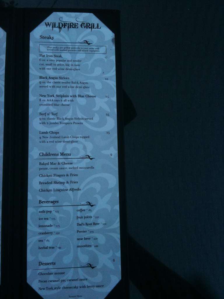 Menu at Wildfire Grill restaurant, Osoyoos