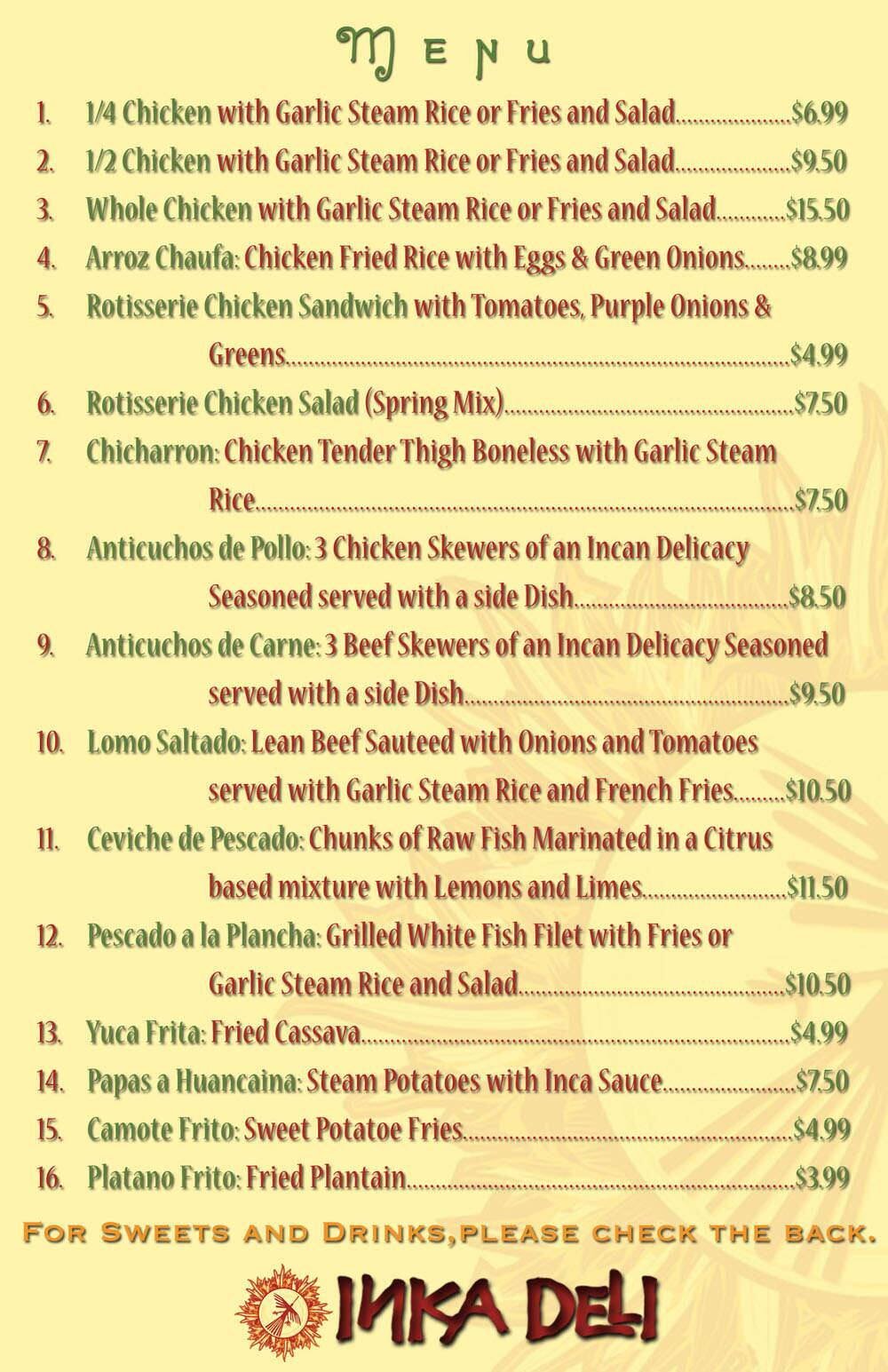 Menu at Inka deli restaurant, Los Angeles