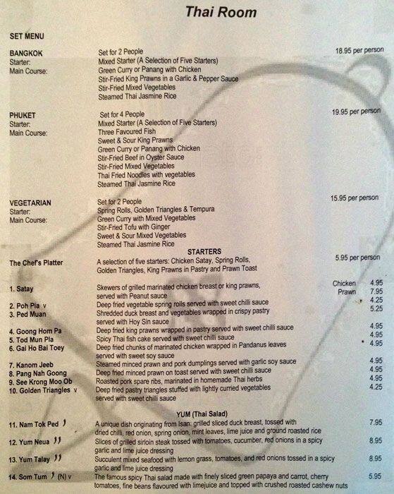 Menu at Thai Room Restaurant, London