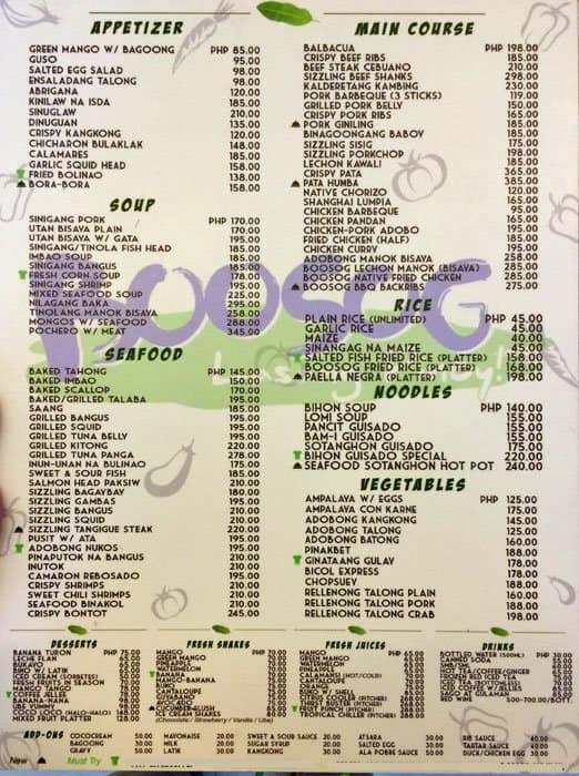 Menu at Boosog Restaurant, Cebu City, Juana Osmena Street