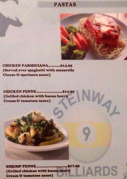 Menu at Steinway Cafe-Billiards, New York City