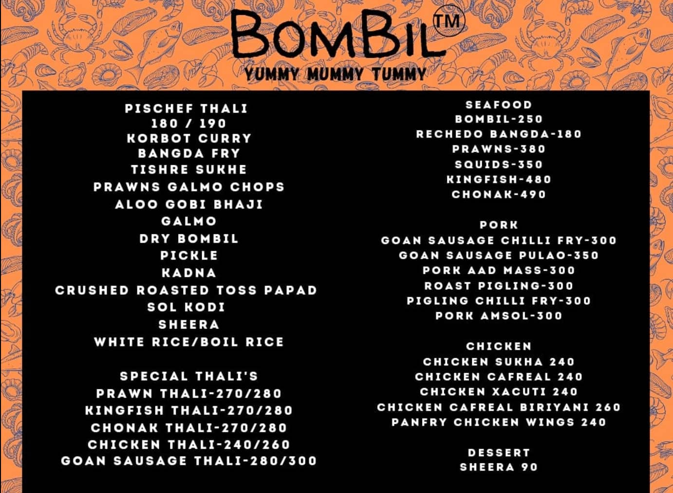 Menu of Bombil Restaurant, Panaji, Goa