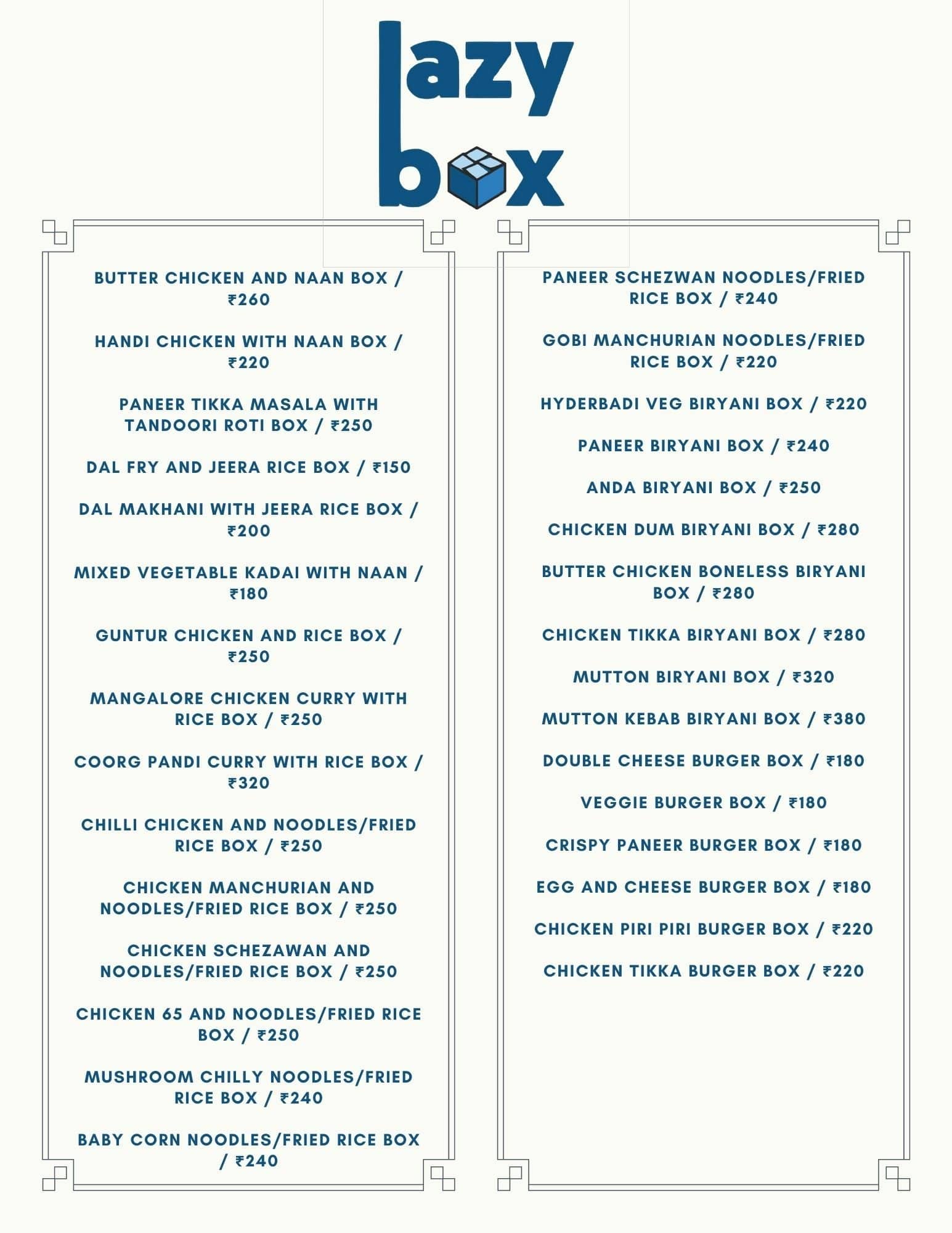 Menu of Lazy Box, Sector 43, Gurgaon