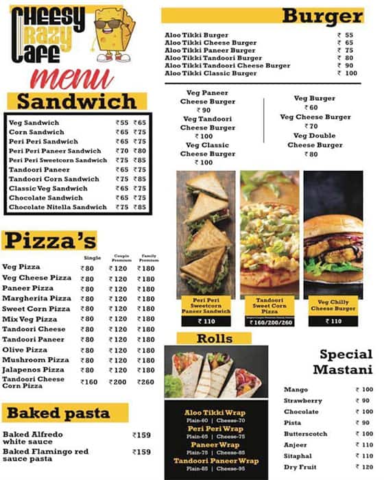 Menu of Cheesy Crazy Cafe, Airport Gandhinagar Highway, Gandhinagar