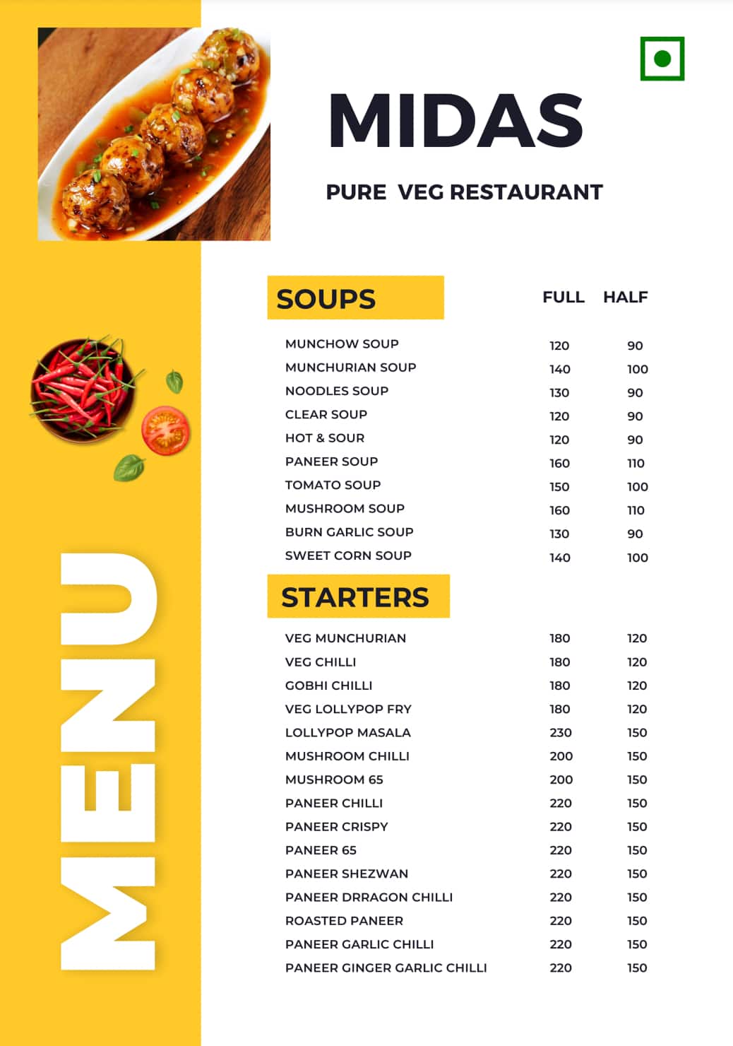 Menu of Midas Pure Veg Restaurant, Mira Road, Mumbai