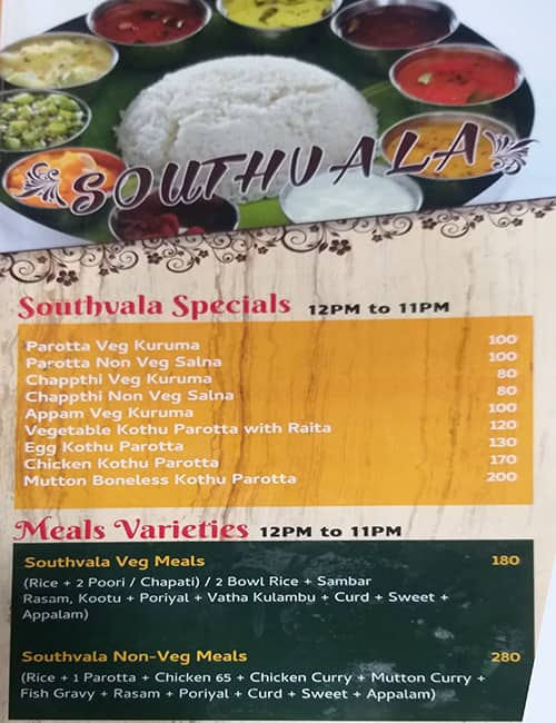 Menu of Southvala, Karol Bagh, New Delhi