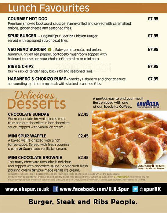 Menu at Spur Steak & Grill steakhouse, Staines-upon-Thames