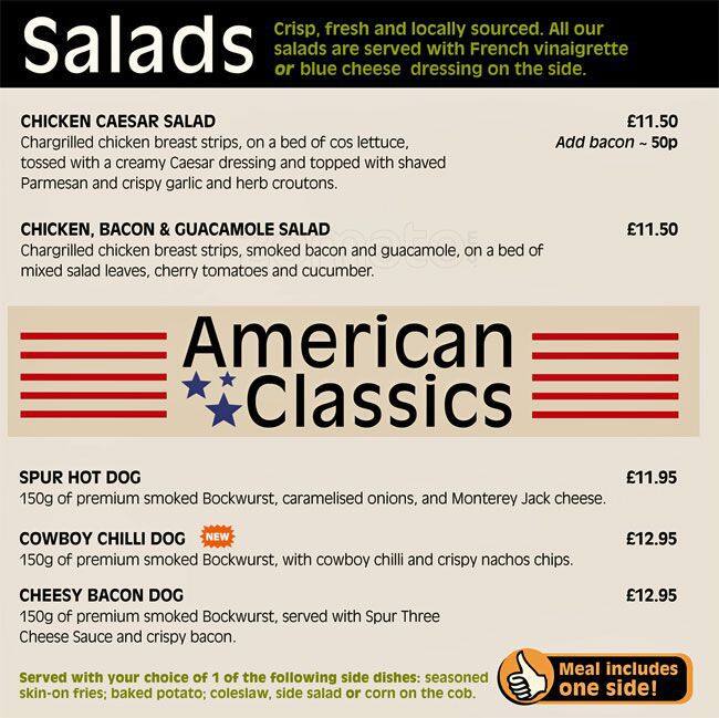 Menu at Spur Steak & Grill steakhouse, Staines-upon-Thames