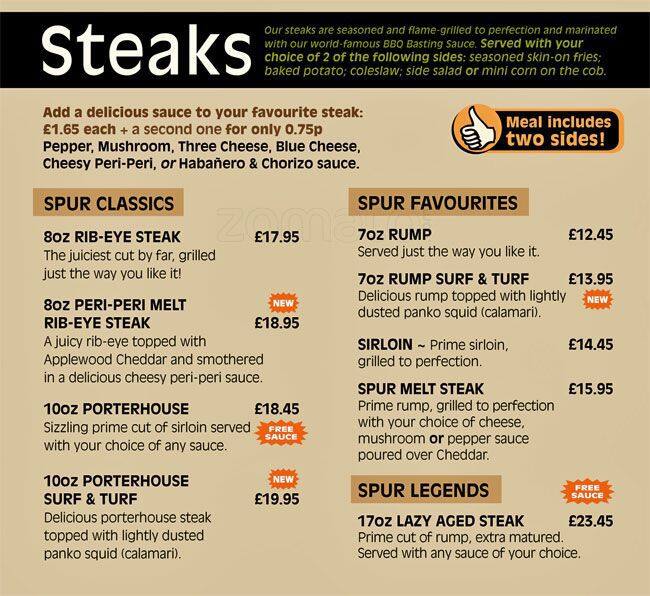 Menu at Spur Steak & Grill steakhouse, Staines-upon-Thames