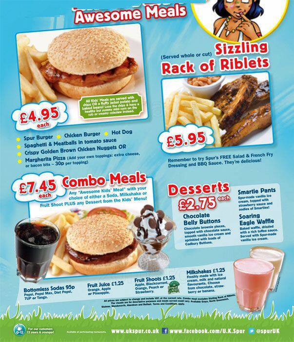 Menu at Spur Steak & Grill steakhouse, Staines-upon-Thames