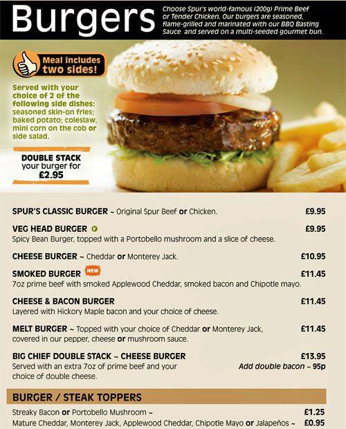 Menu at Spur Steak & Grill steakhouse, Staines-upon-Thames