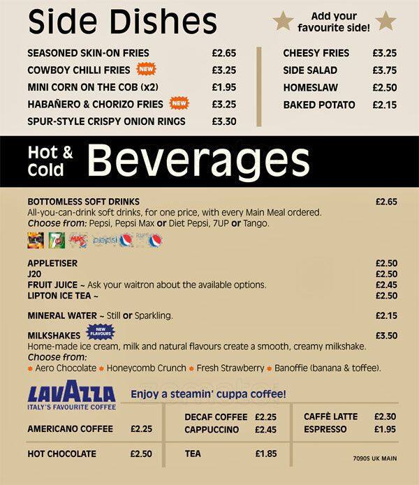 Menu at Spur Steak & Grill steakhouse, Staines-upon-Thames