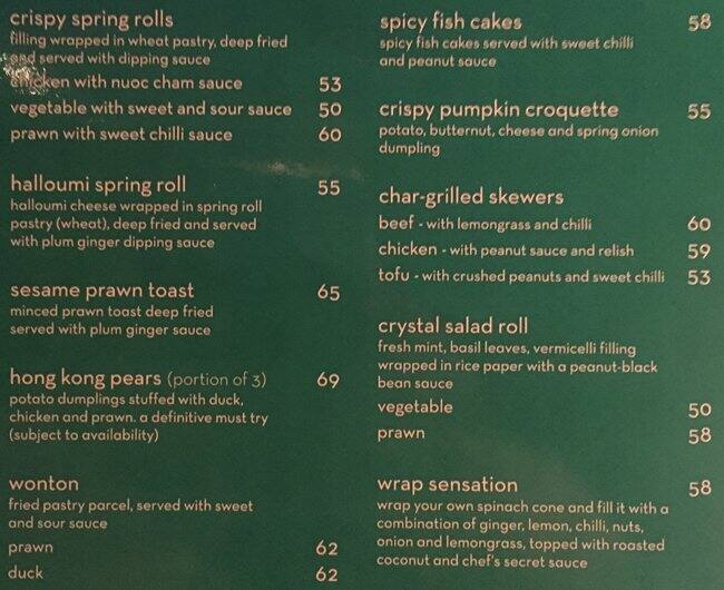 Menu at So Yum restaurant, Johannesburg