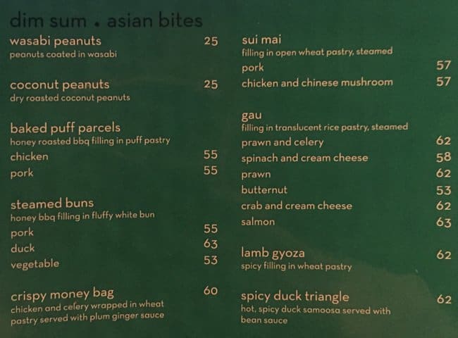 Menu at So Yum restaurant, Johannesburg