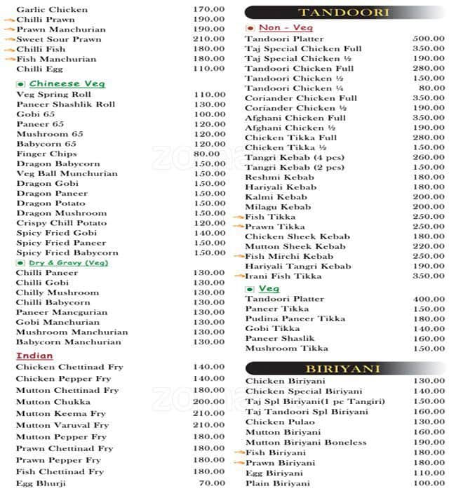 Menu at Taj Restaurant, Chennai, 3/245